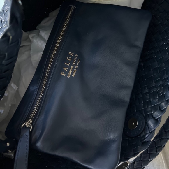 Falor | Bags | Falor Italy Leather Woven Tote With Pouch Navy Blue ...